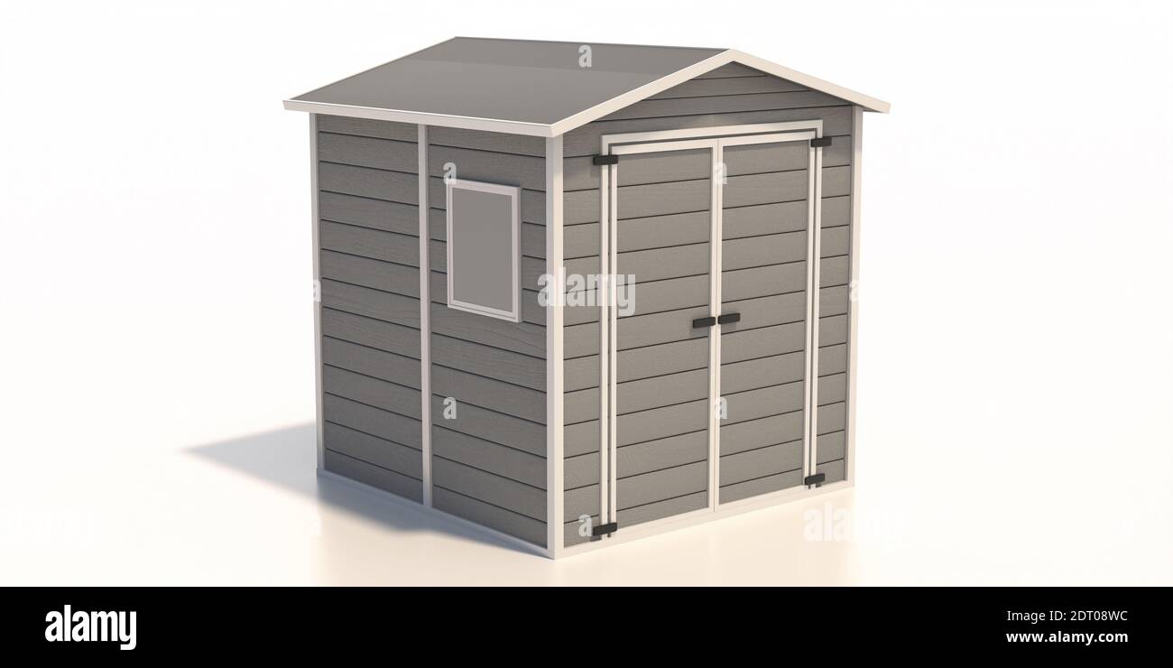 Garden shed isolated on white background. Gray color prefab gardening ...