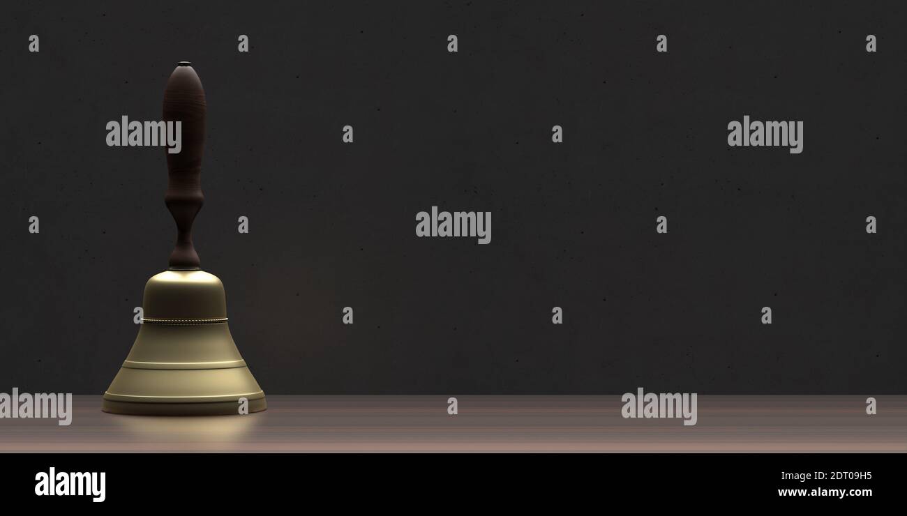 Judge bell on wooden desk, court table. Metal brass bell, dark room ...