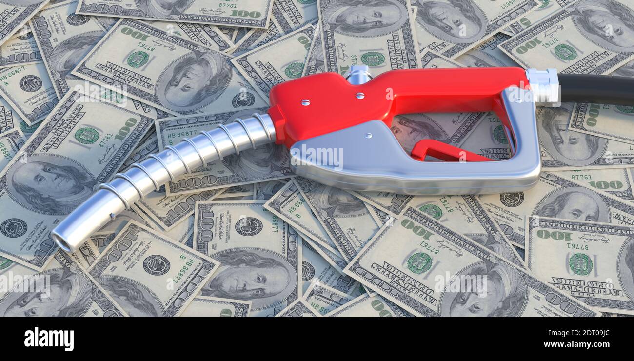 Gas nozzle, red gasoline pump on us dollars background. Fuel station ...