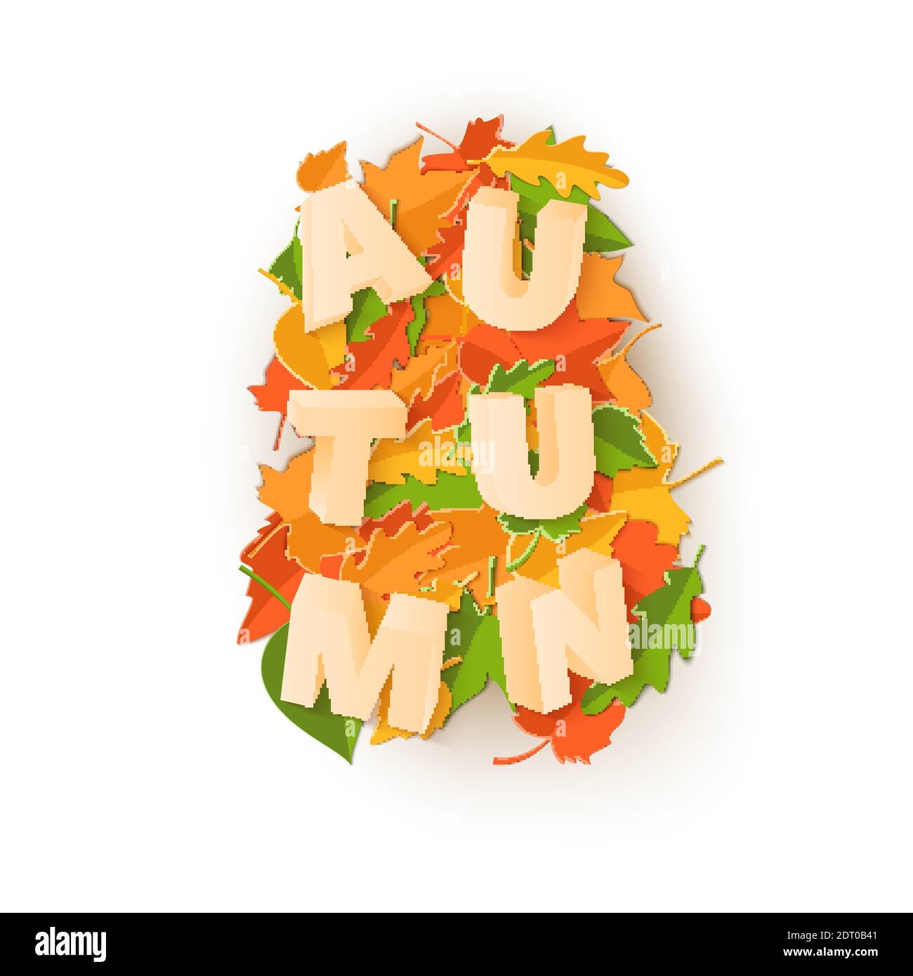 Word AUTUMN composition with green yellow red leaves on white ...
