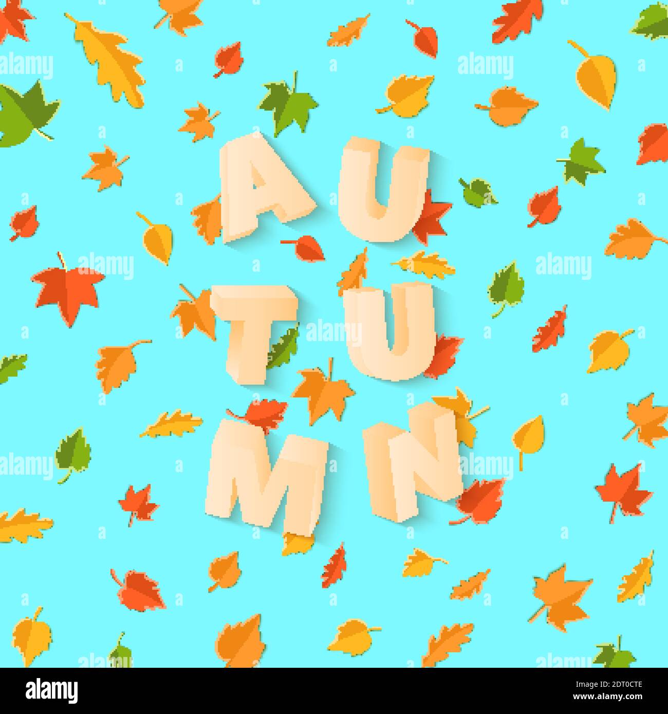 Word AUTUMN composition with green yellow red leaves on blue background ...