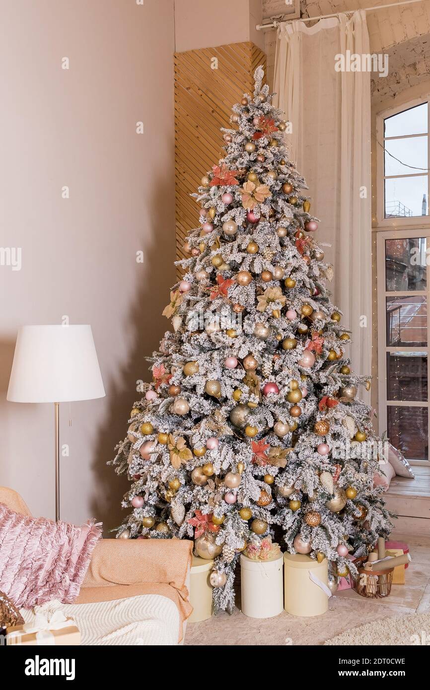 Modern living room space, comfortable sofa and christmas tree in large ...