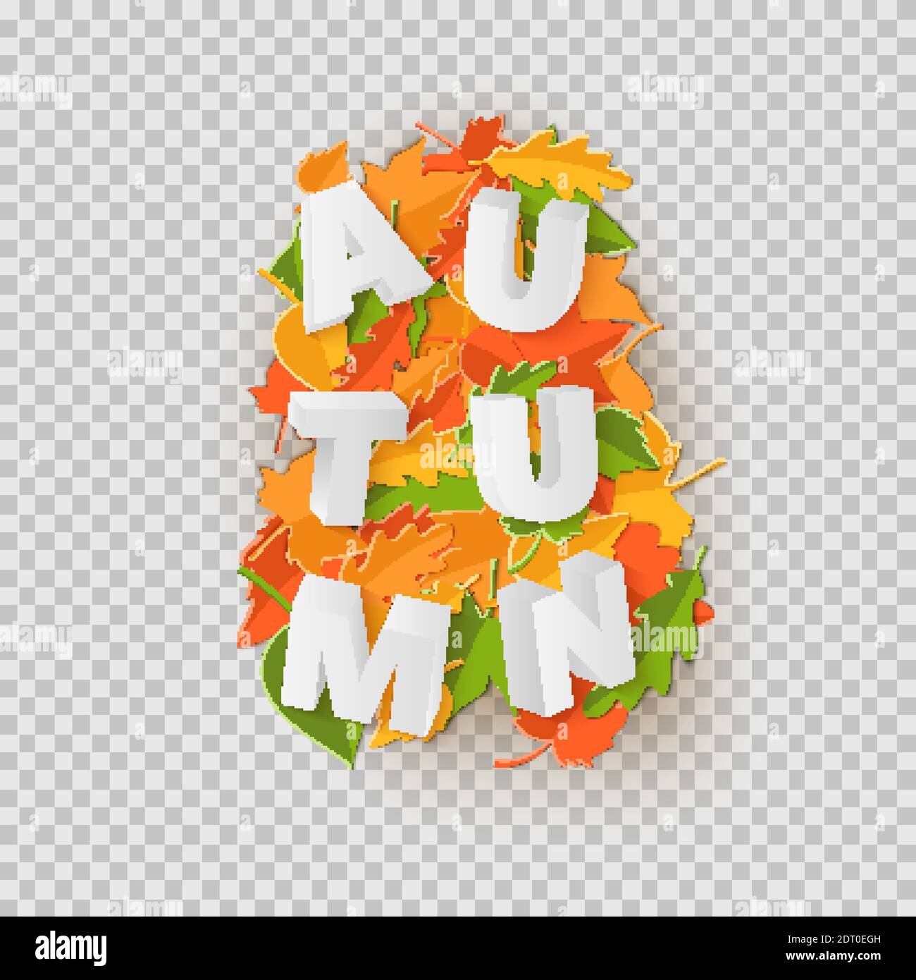 Word AUTUMN composition with green yellow red leaves with shadow in ...