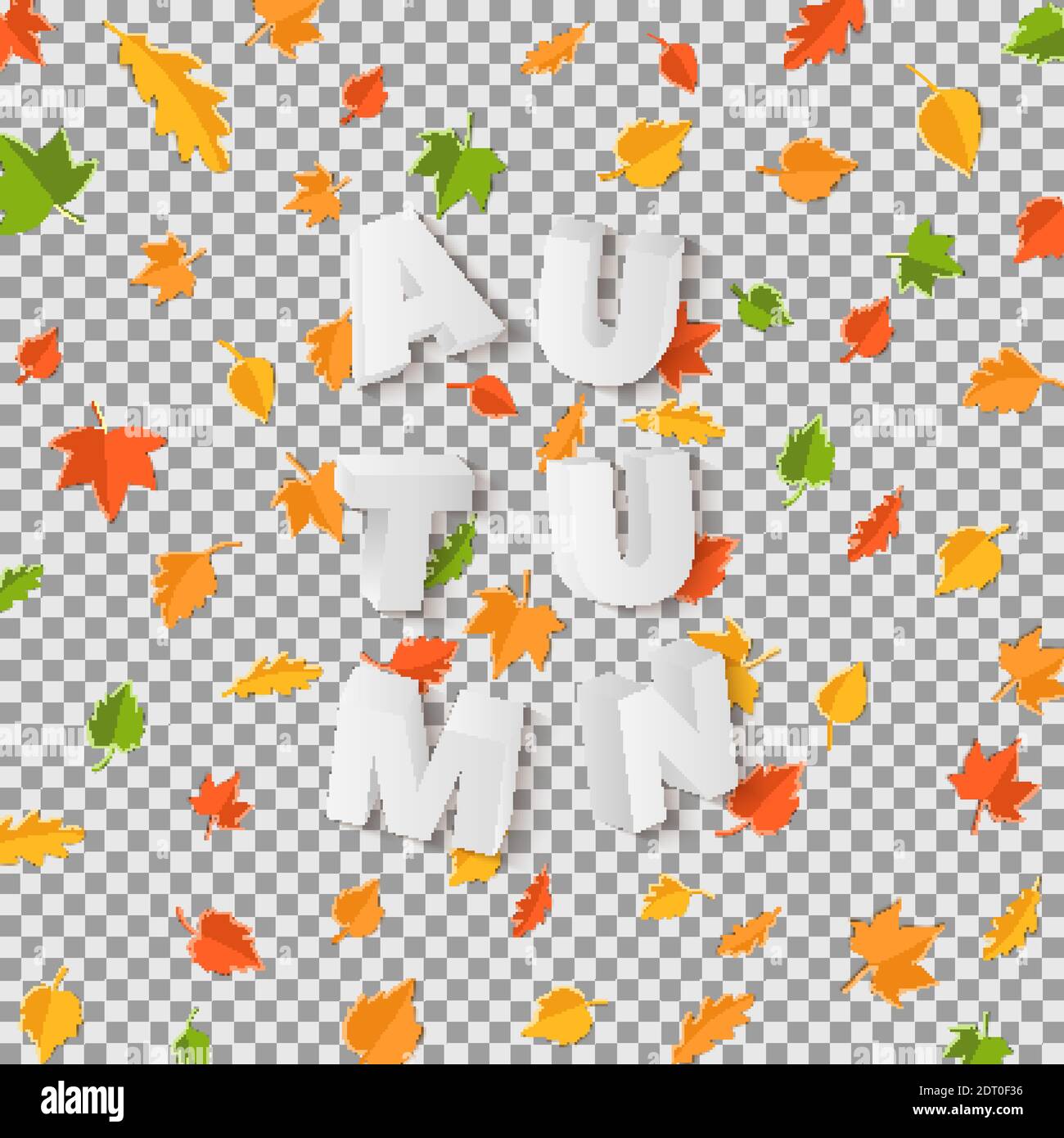 Word AUTUMN composition with green yellow red leaves with shadow in ...