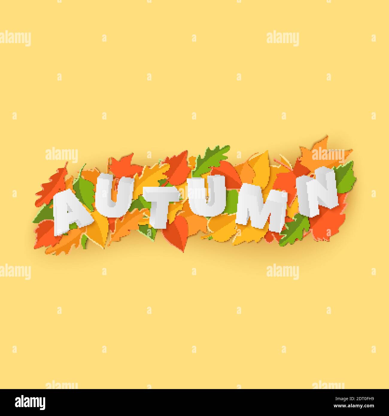 Word AUTUMN composition with green yellow red leaves on yellow ...