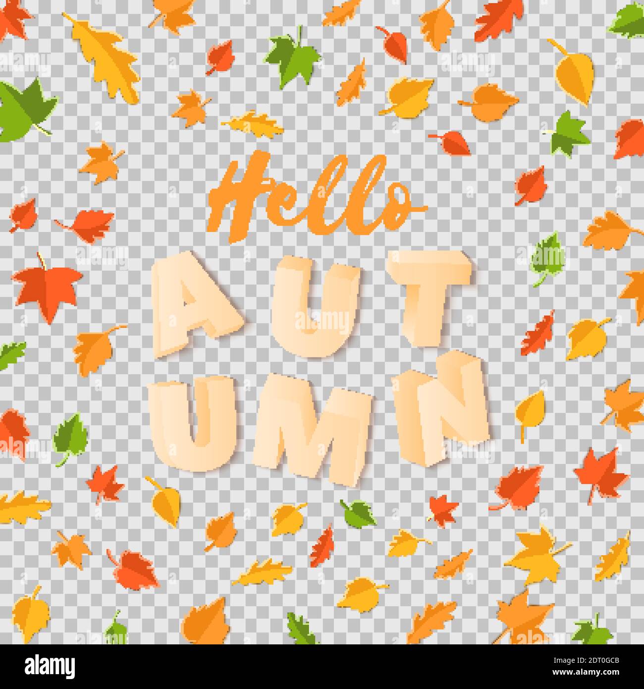 Word AUTUMN composition with green yellow red leaves with shadow in ...