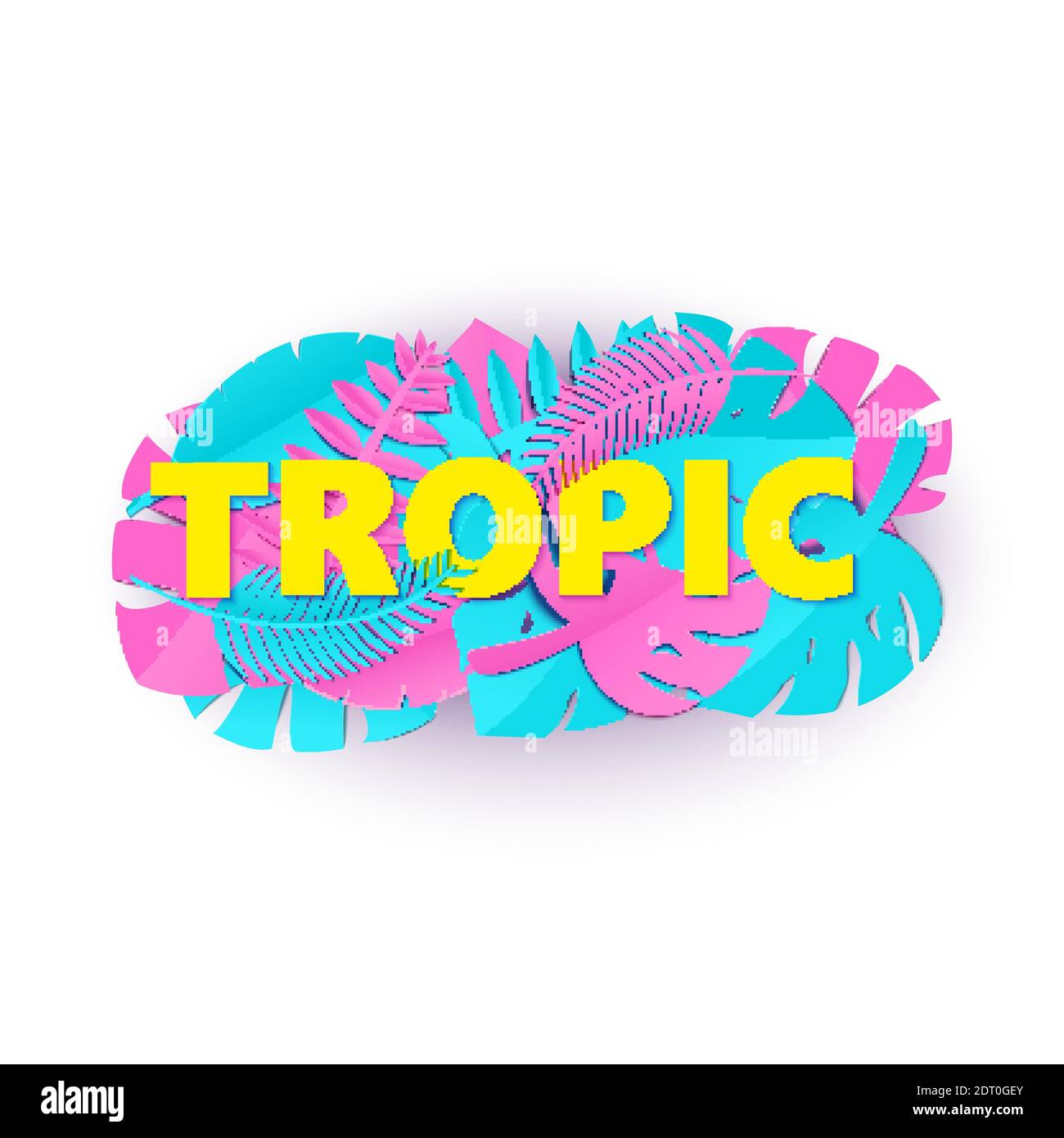Word TROPIC composition with creative pink blue jungle leaves on white ...