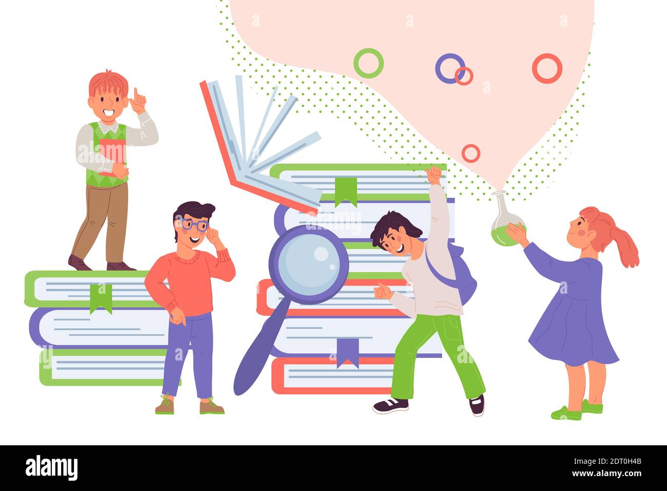 Clever kids among books and scientific tools, flat vector illustration ...