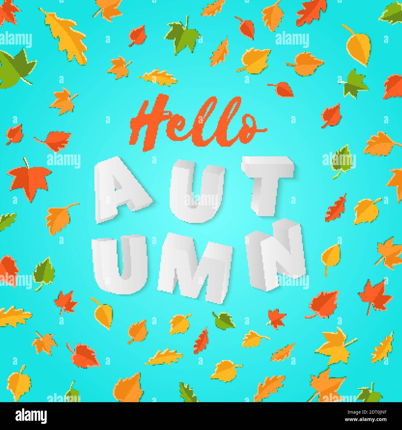 Word AUTUMN composition with green yellow red leaves on blue background ...