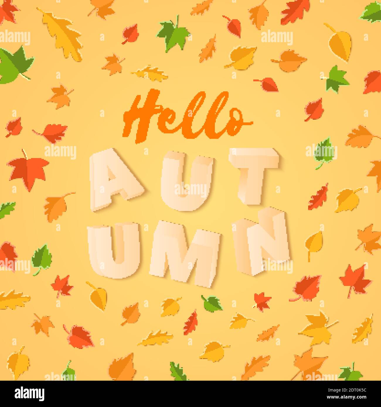 Word AUTUMN composition with green yellow red leaves on yellow ...