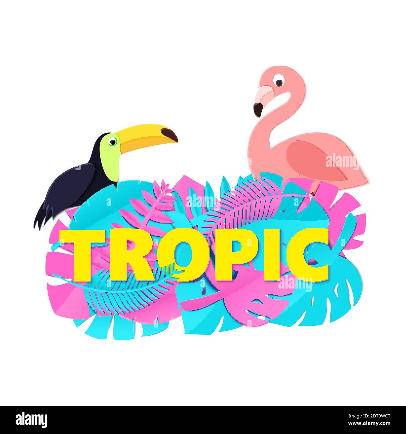 Word TROPIC composition with creative pink blue jungle leaves toucan ...