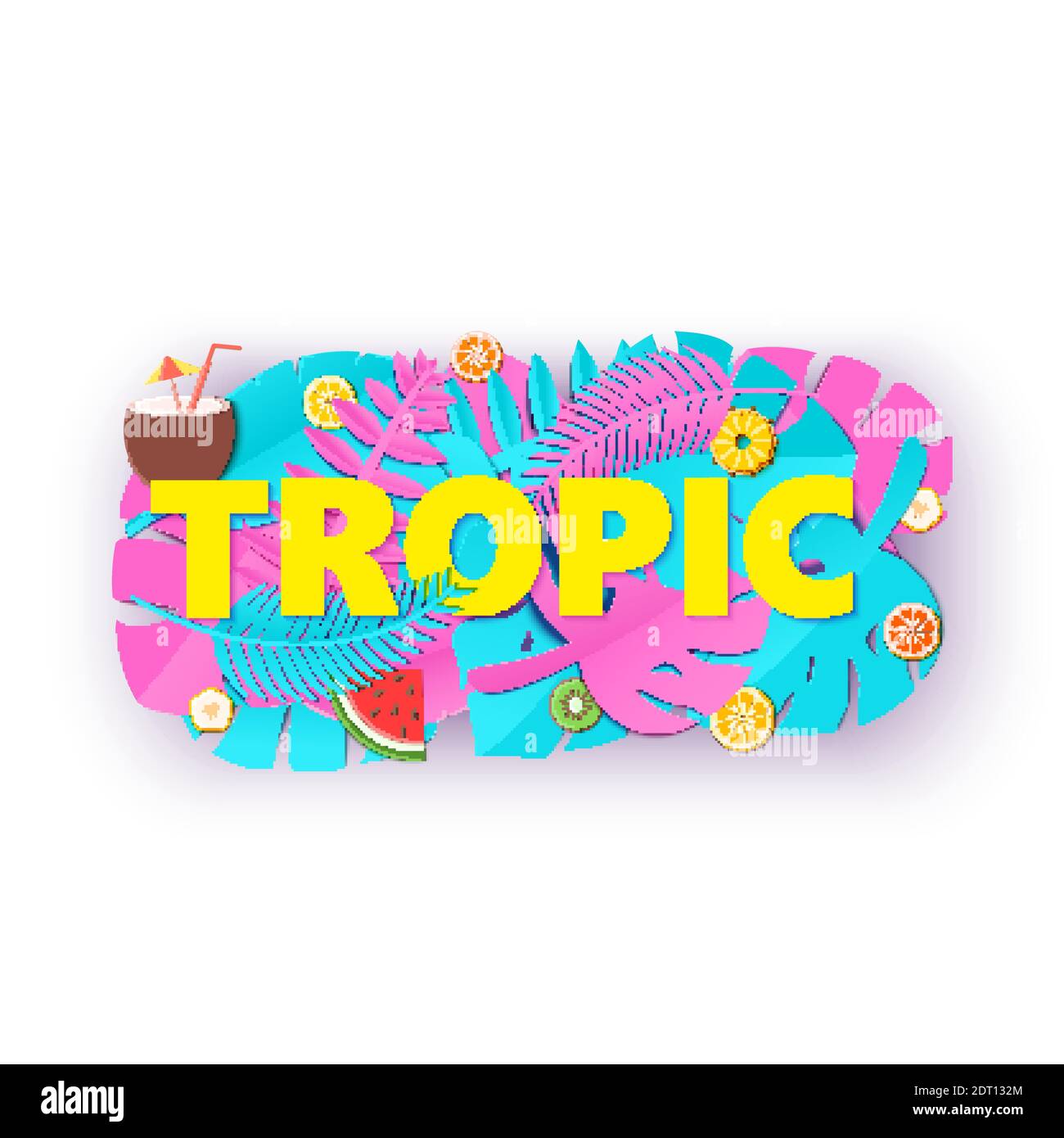 Word TROPIC composition with creative pink blue jungle leaves and ...