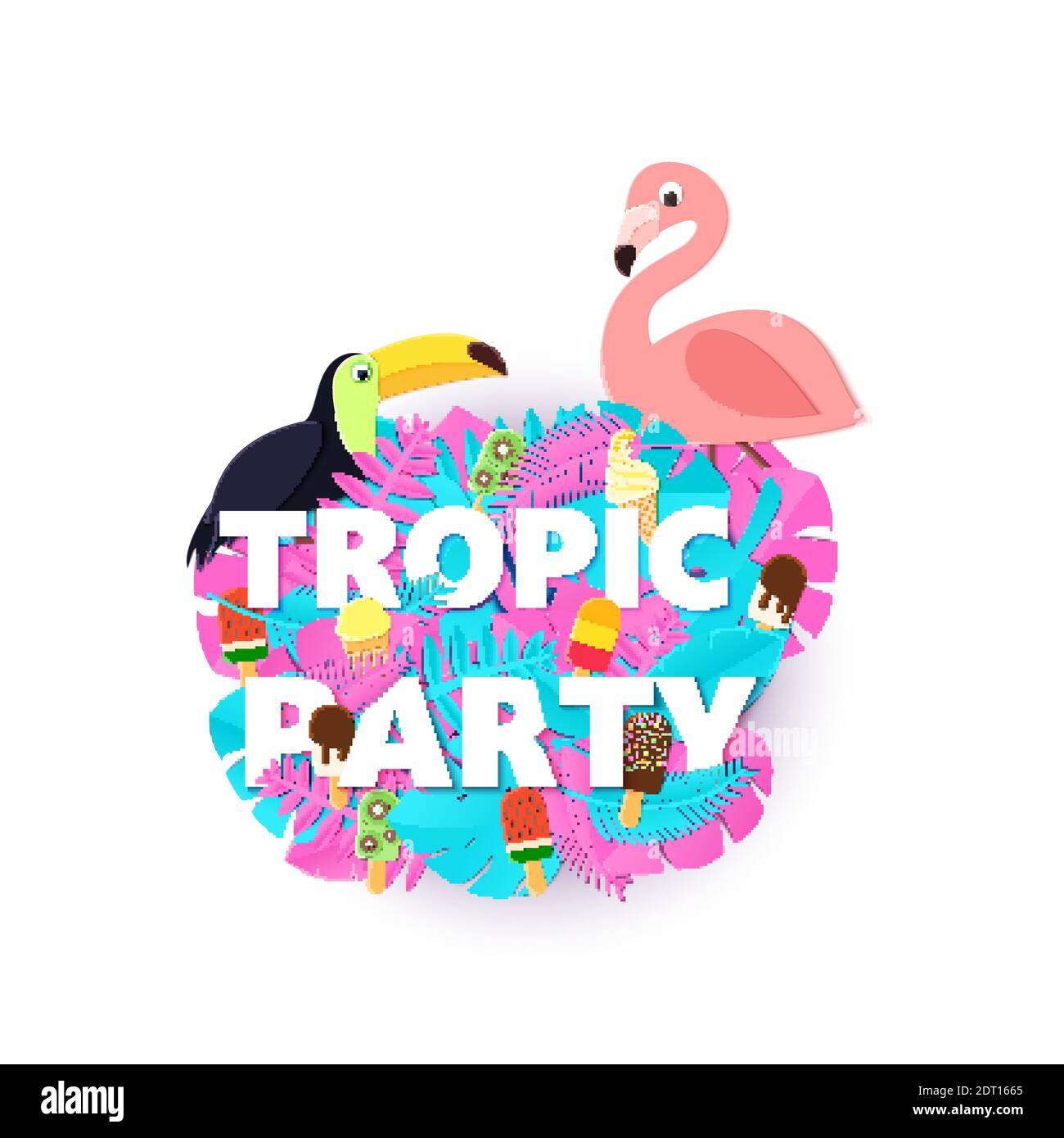 Words TROPIC PARTY composition with creative pink blue jungle leaves ...