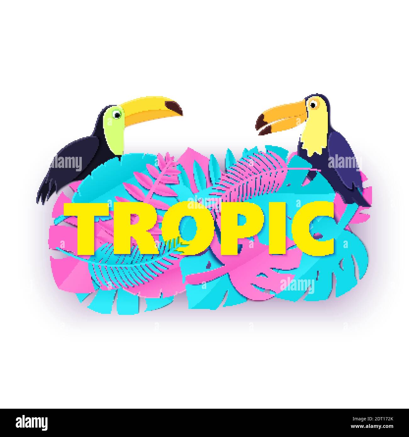 Word TROPIC composition with creative pink blue jungle leaves two ...
