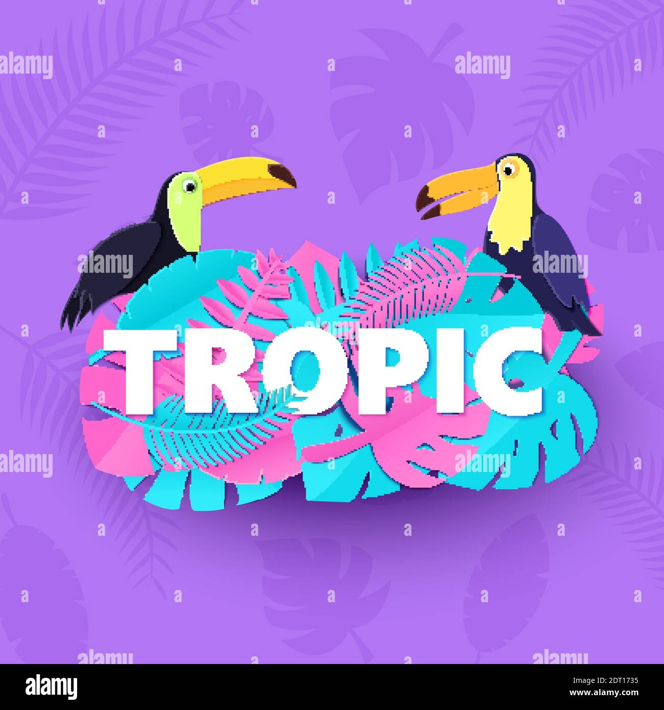 Word TROPIC composition with creative pink blue jungle leaves two ...