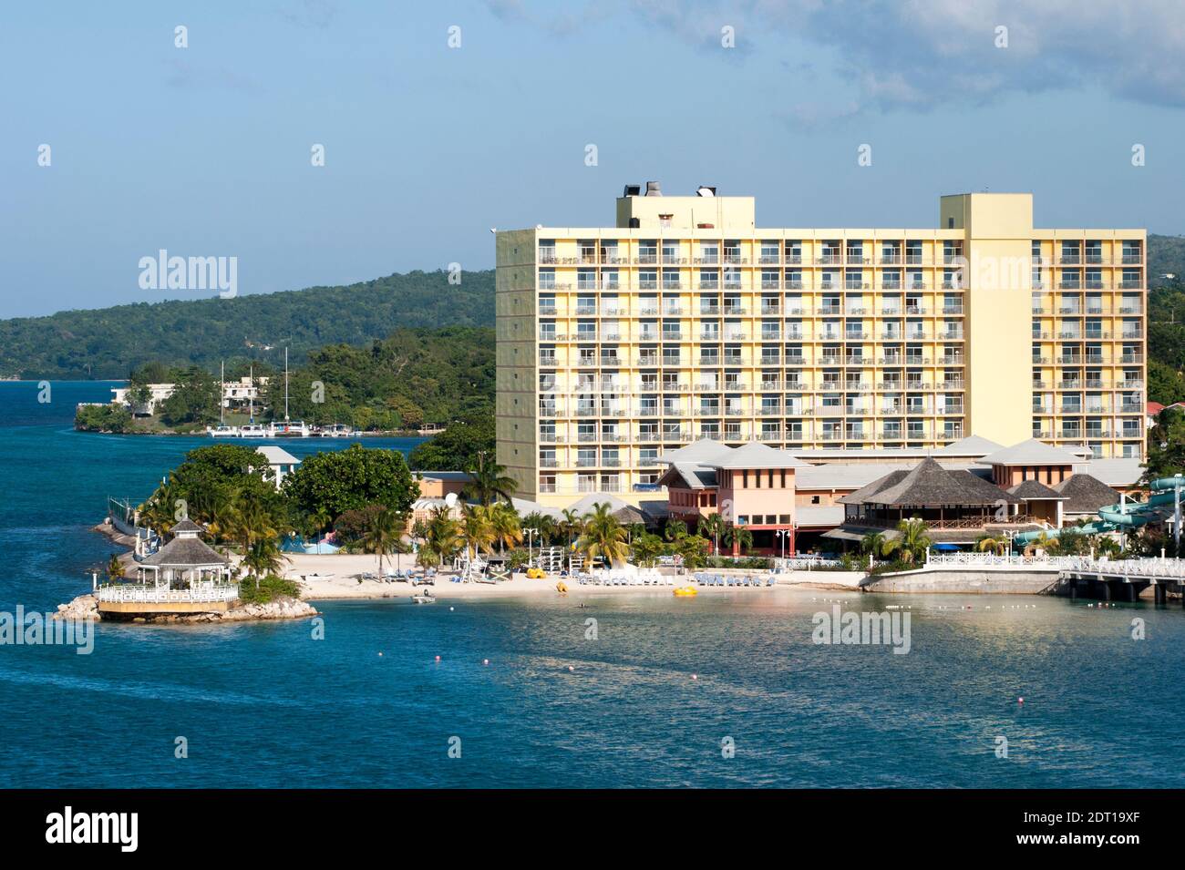 The aerial view of a tourist beach in Ocho Rios resort town (Jamaica ...