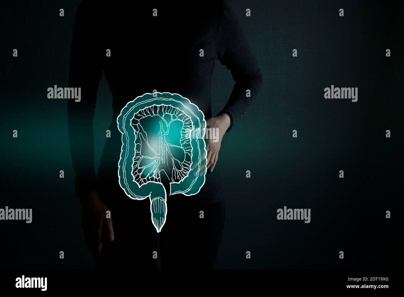 Highlighted intestine organ low key illustration. Woman body on dark ...