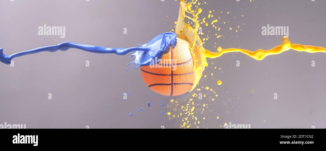Basketball ball with yellow and blue paint splashes Stock Photo - Alamy