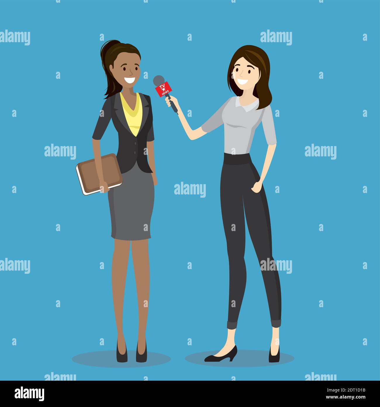 Female television reporter with microphone interviews business woman,flat vector illustration ...