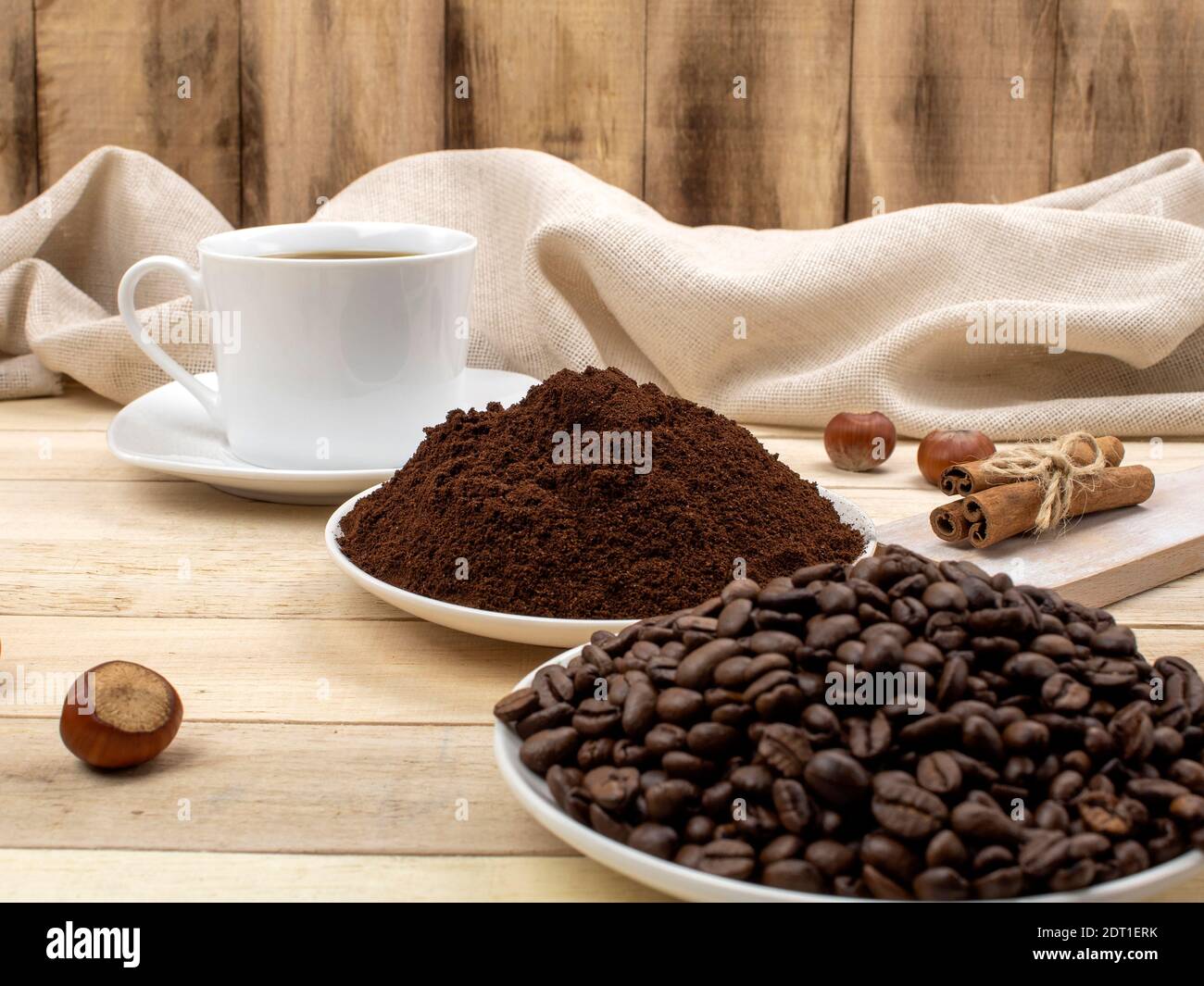 Three stages of preparation of ground coffee, grain, drink. Coffee ...
