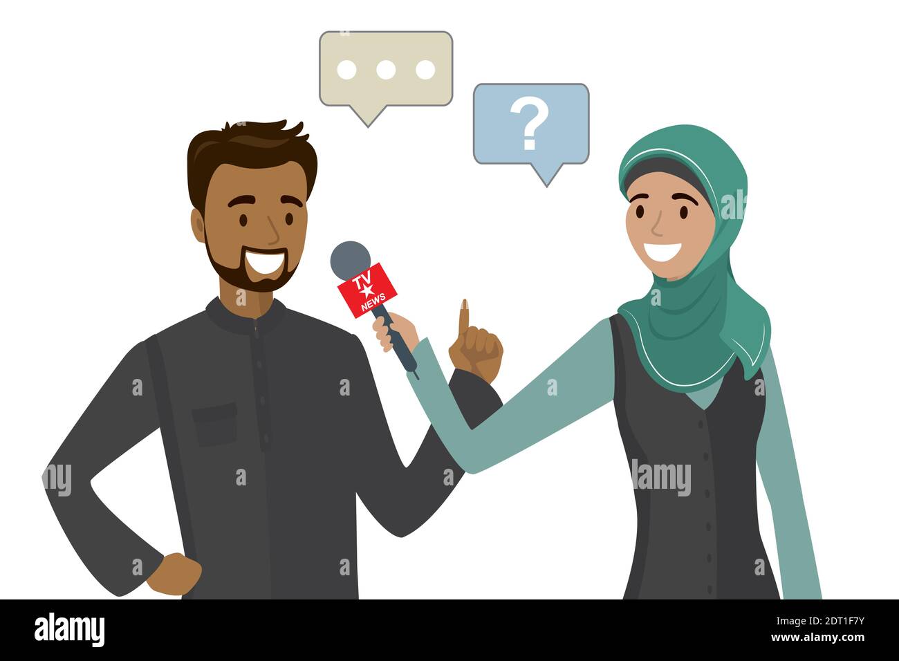 Female television reporter with microphone interviews arabic businessman in traditional clothes ...