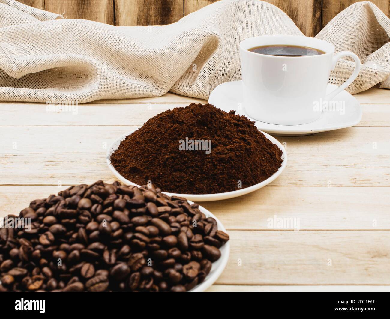 Three stages of preparation of ground coffee, grain, drink. Coffee ...