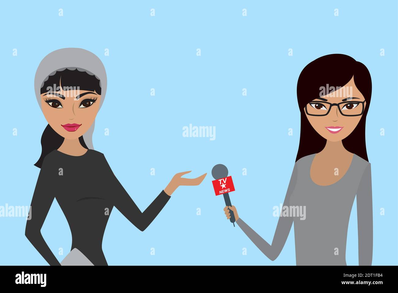 Female television reporter with microphone interviews arabic business woman in traditional ...