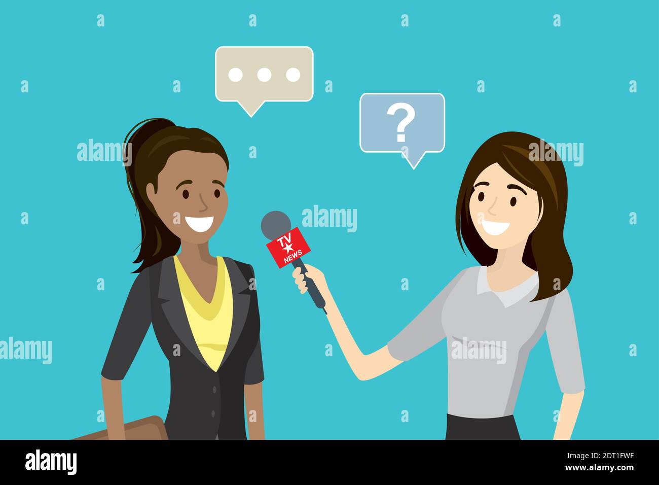 Female television reporter with microphone interviews business woman,speech bubbles,flat vector ...
