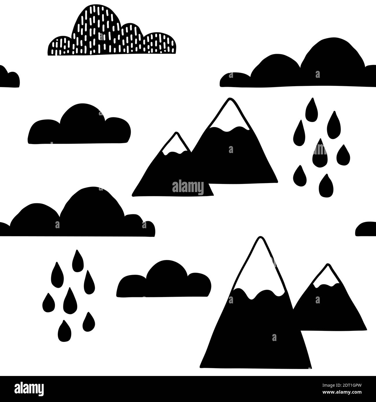 Scandinavian clouds seamless pattern. Vector black and white monochrome ...