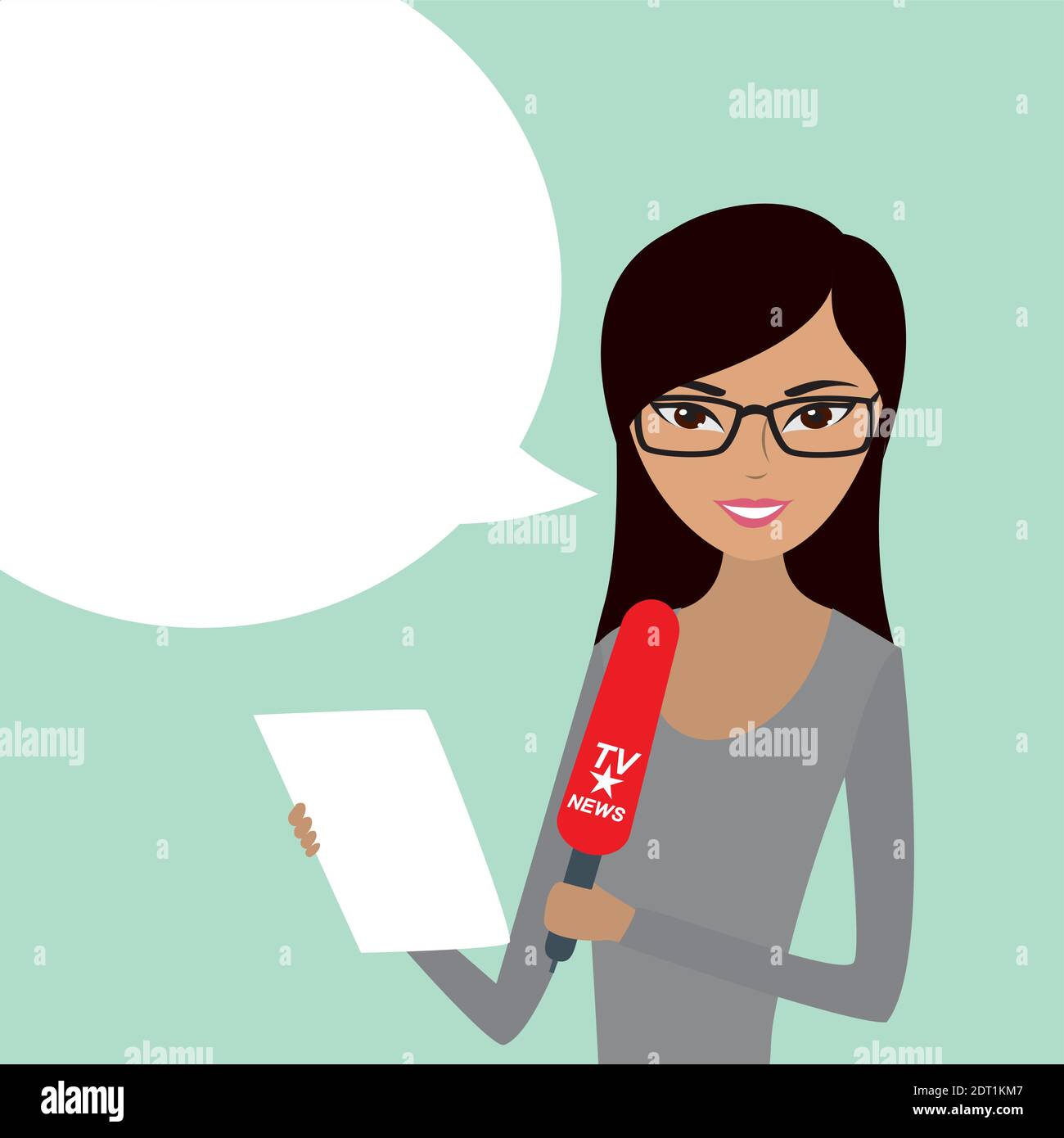 Female reporter with microphone and white bubble speech, cartoon vector ...