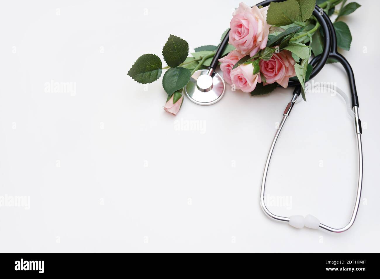 Stethoscope and bunch of pink roses on white background, copy space ...
