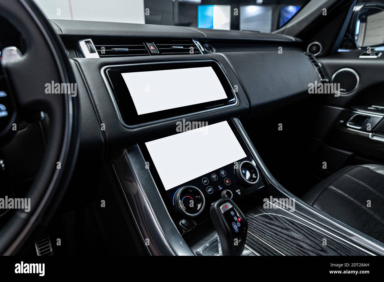 Luxury car interior with isolated blank screen multimedia and ...