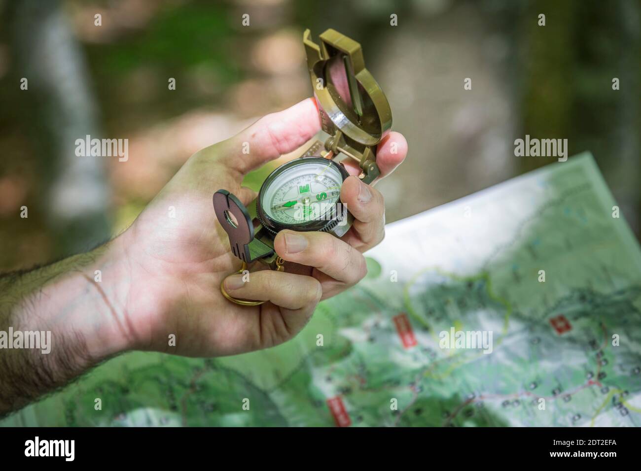 Hiker locating a path in the forest with a compass and a map Stock ...