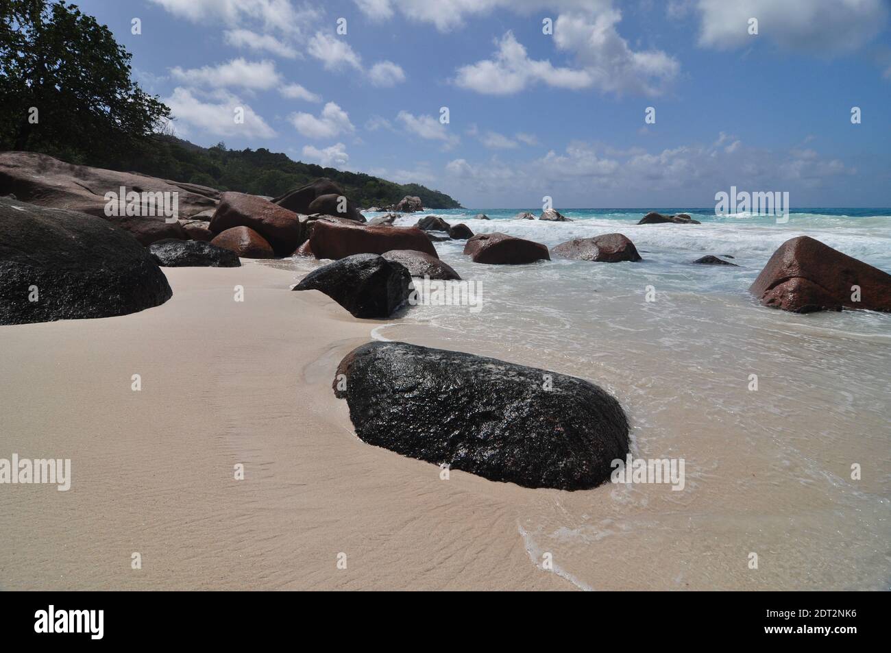 Exotic beach with palm trees in praslin island, seychelles Stock Photo ...