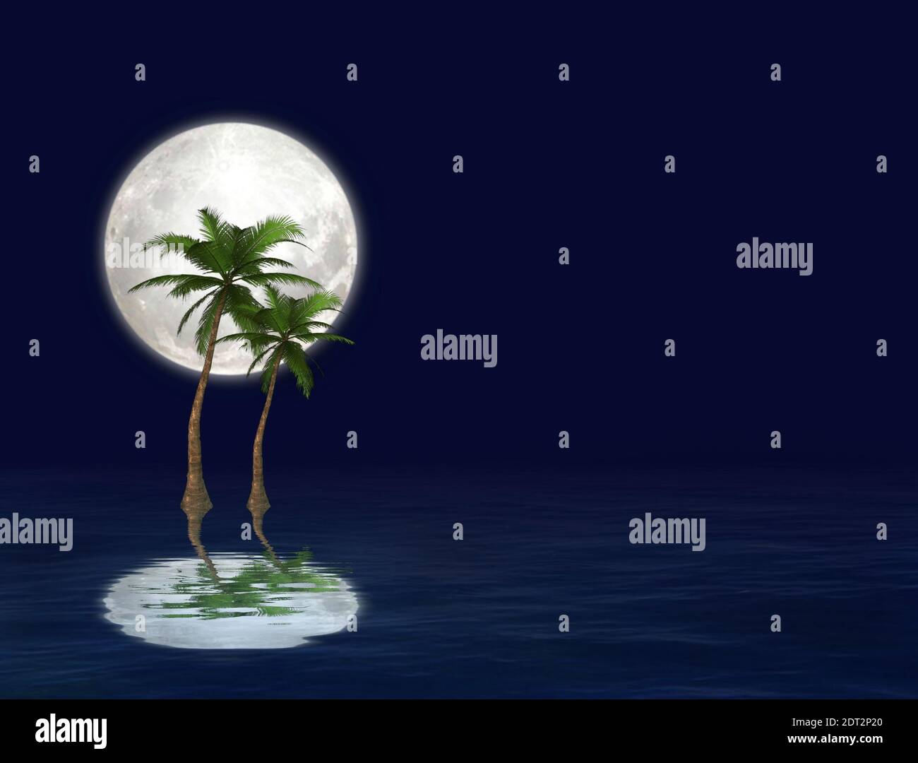 Natural background with trees and full moon in sea reflection Stock ...