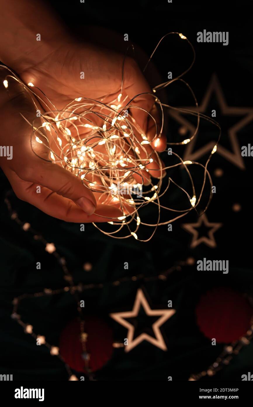 Flat lay christmas composition in trendy colors with sparks. Magic ...