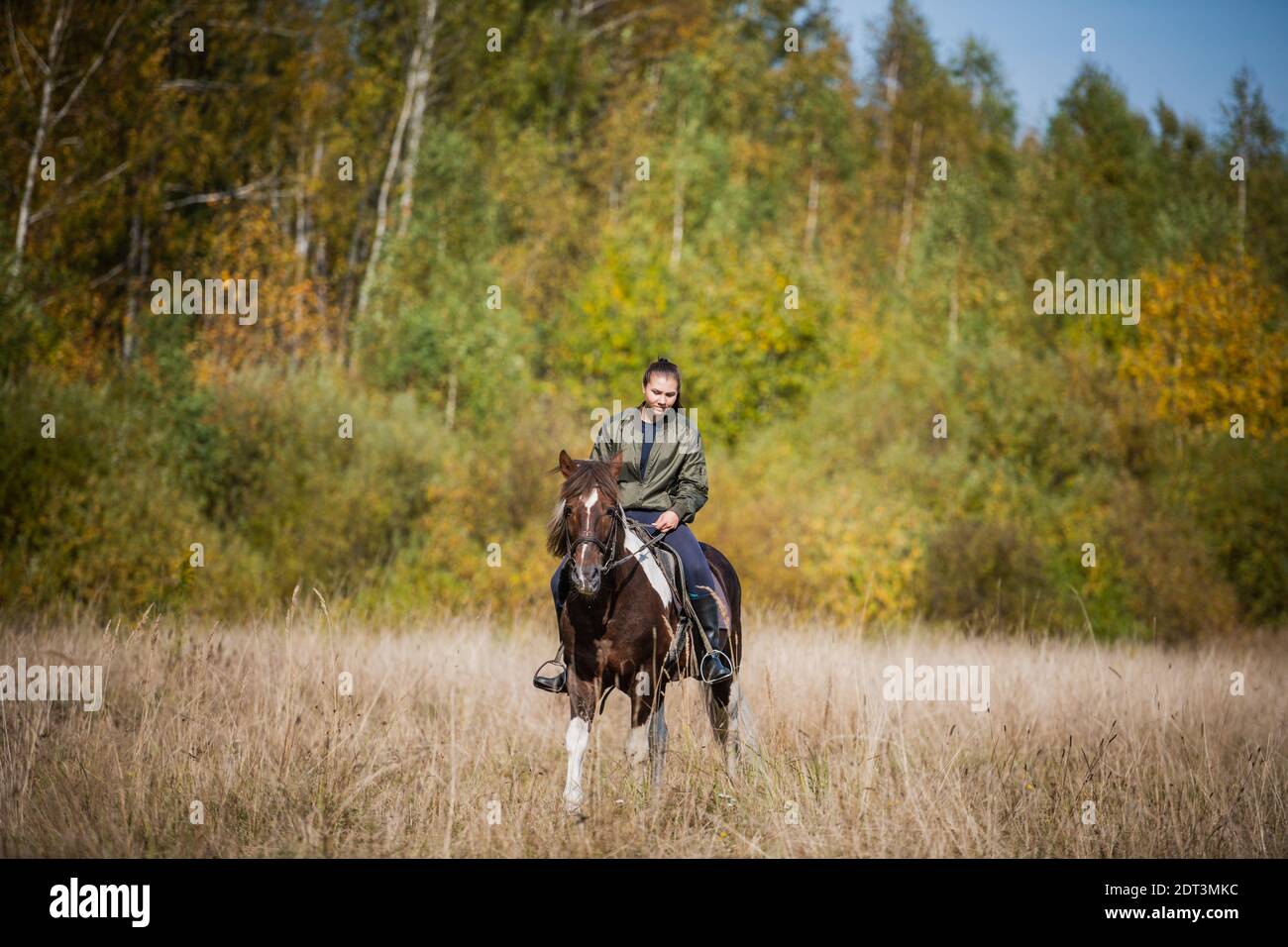Cute girl-rider rides her fast horse on the territory of the ranch ...