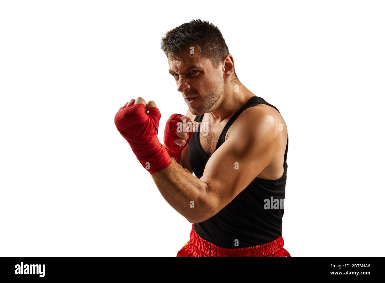 sporty man in red sports bandages on his hands fighting isolated on ...