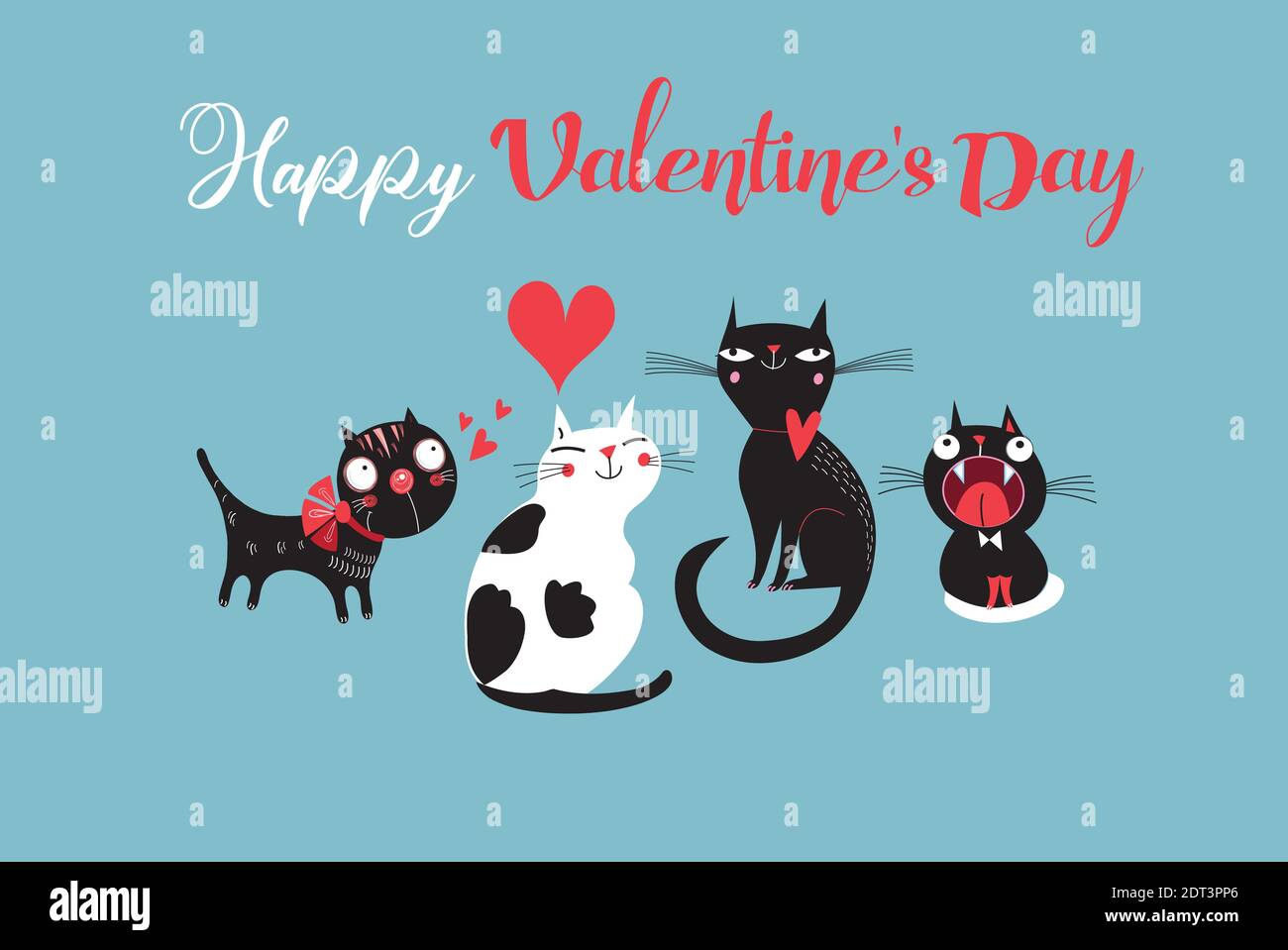 Festive Valentines with cats in love on a blue background. Vector cats ...