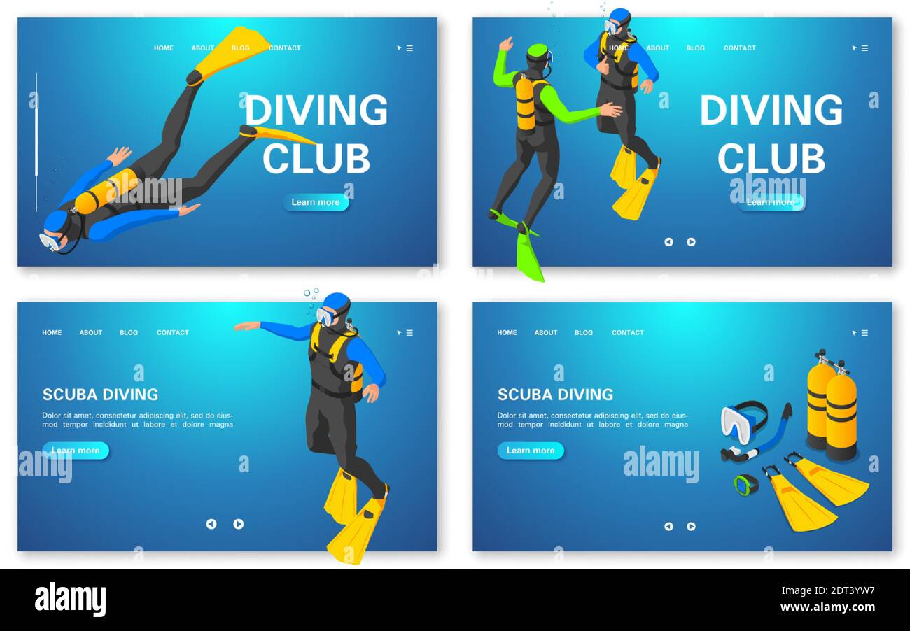 Scuba diving concept banners set. Diving training. Diving club. Vector ...