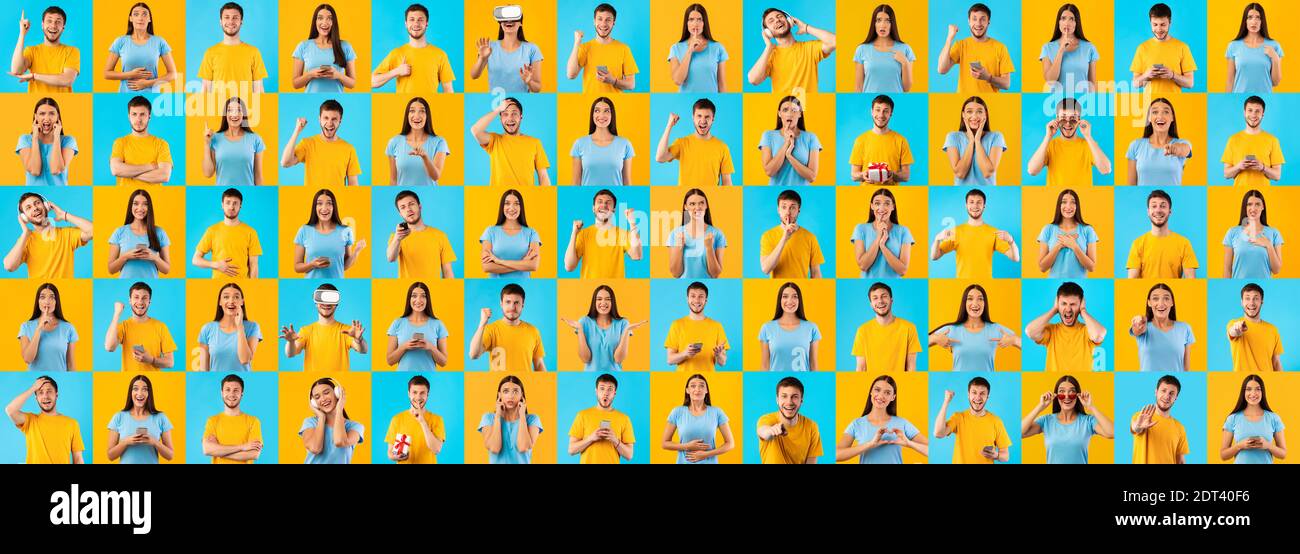 Collage of young woman and man expressing different emotions Stock ...
