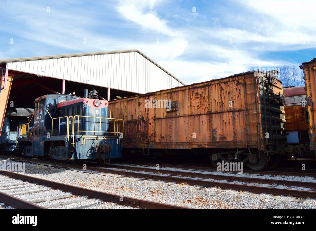 Old diesel switching locomotive and freight cars at the National Museum ...