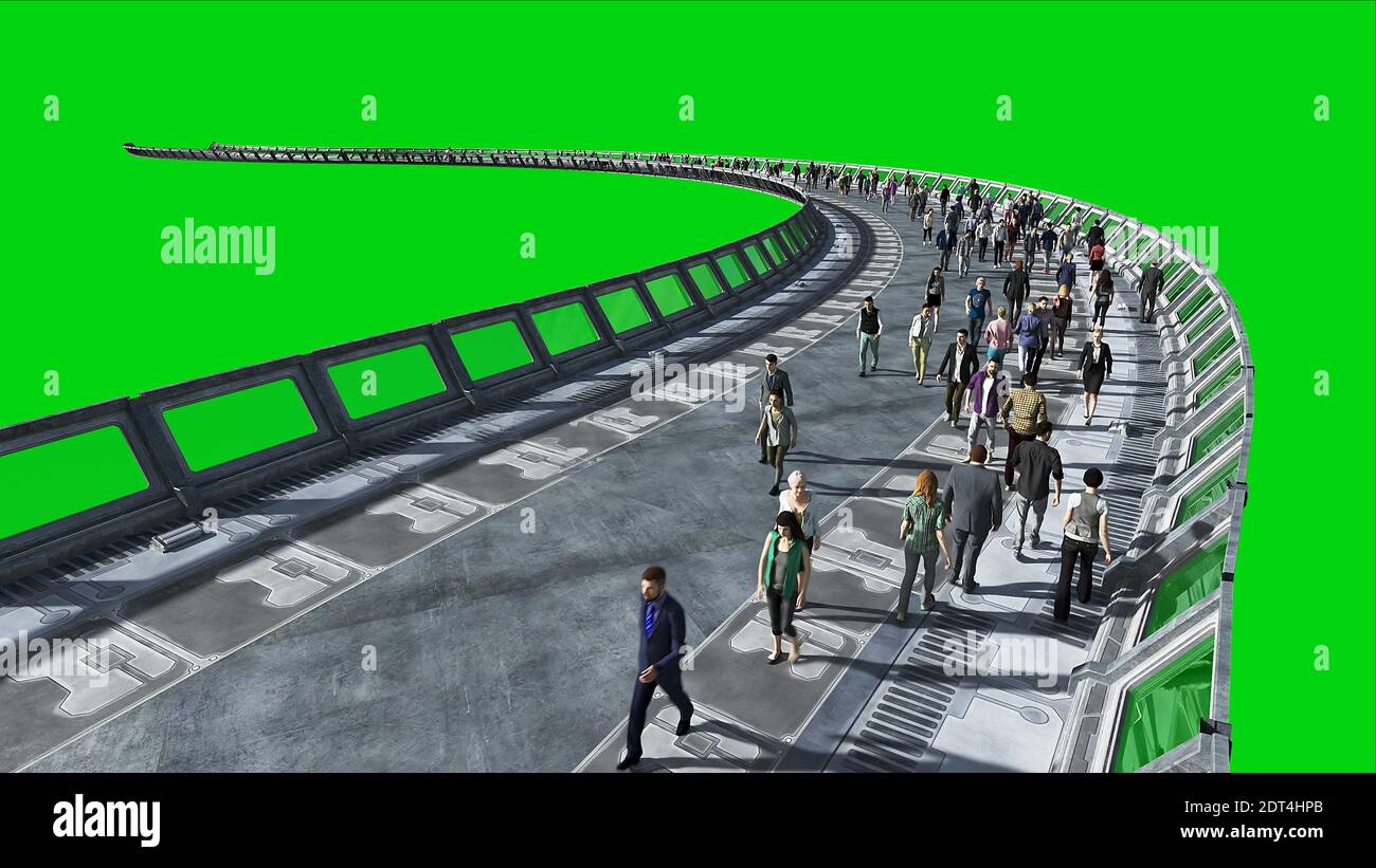 3d people in Sci fi tonnel. Traffic. Concept of future. Green screen ...