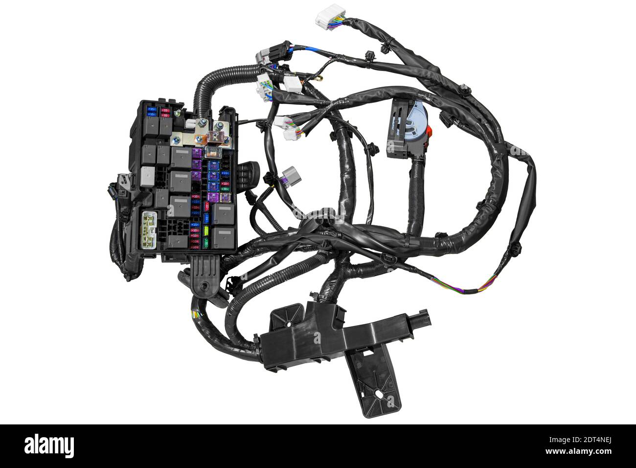 new car fuse box with wiring on white background Stock Photo - Alamy