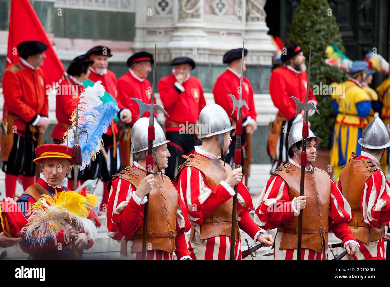 FLORENCE, ITALY - EASTER SUNDAY MARCH 31, 2013: Flag bearers walk in ...