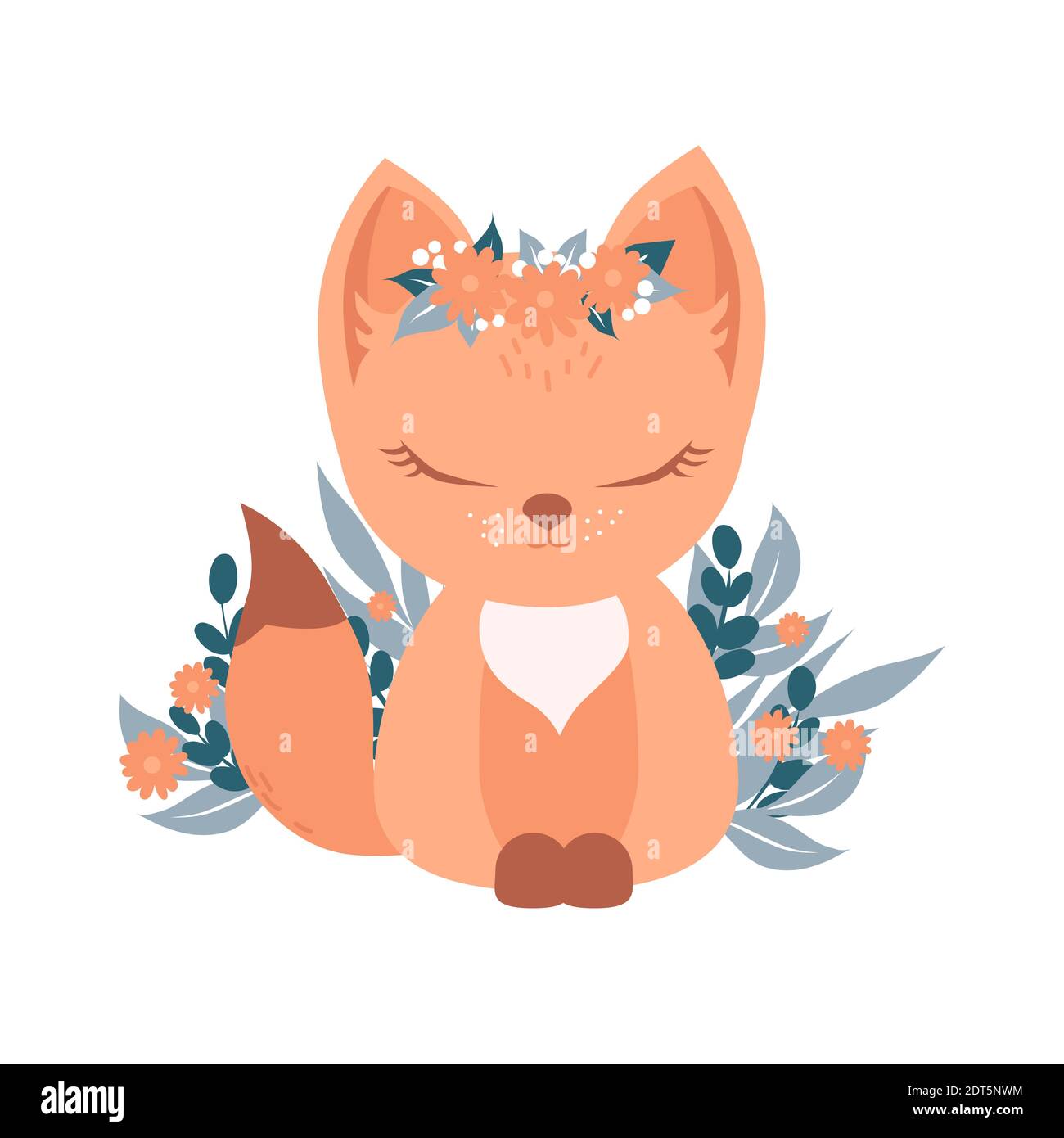 Funny cartoon red summer fox with flower crown. Cute animal poster ...