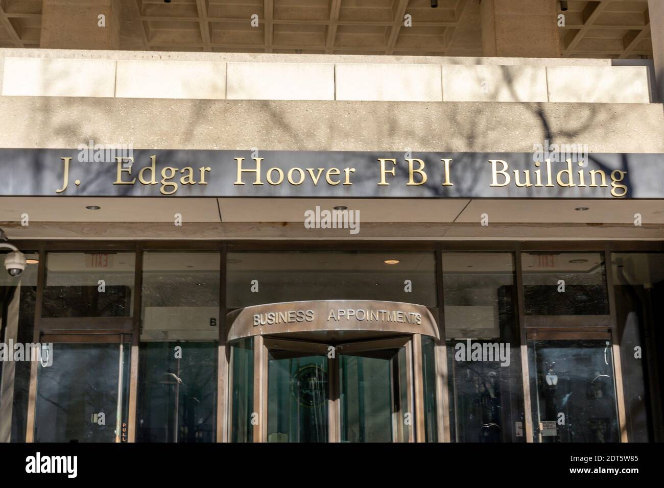 Sign of Federal Bureau of Investigation (FBI) above the entrance to their headquarters building ...