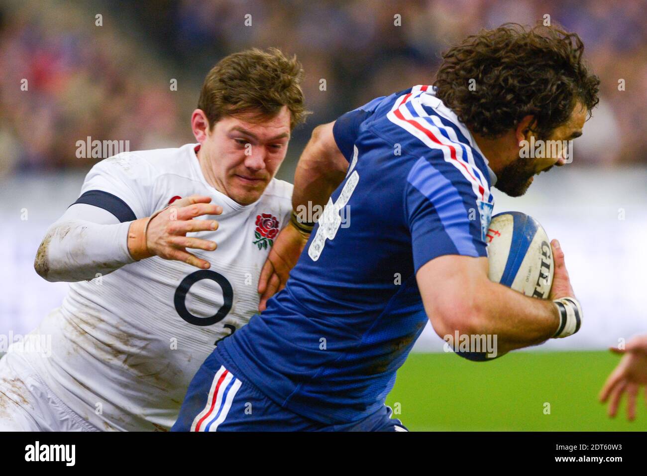 France's Yoann Huget battles England's Alex Goode during Rugby RBS 6 ...