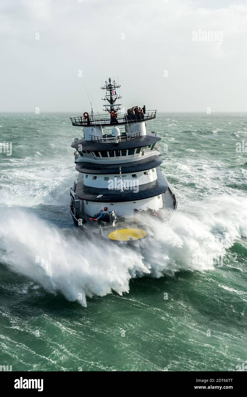 French emergency tow vessel 'Abeille Bourbon' during heavy storm ...