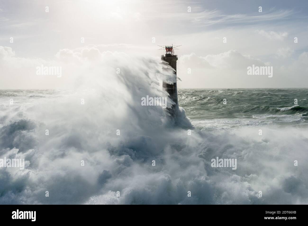 'Nividic' lighthouse during heavy storm off Ouessant Island, in ...